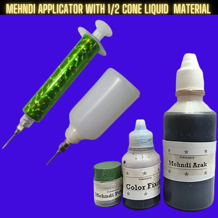 liquid mehndi material with applicator pen and squeeze bottle, 2 needle ...
