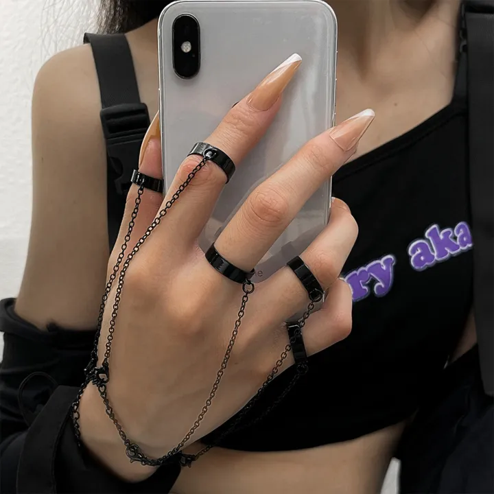 S1111 Punk Chain Finger Rings Bracelet Geometric Gothic Punk Cool ...