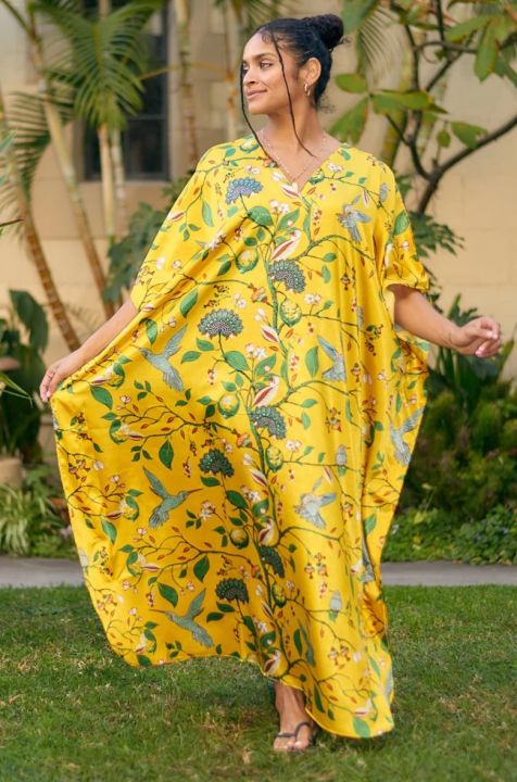 Printed V Neck 52 Inches Long Satin Silk Kaftan, Nighty, Night Dress ...